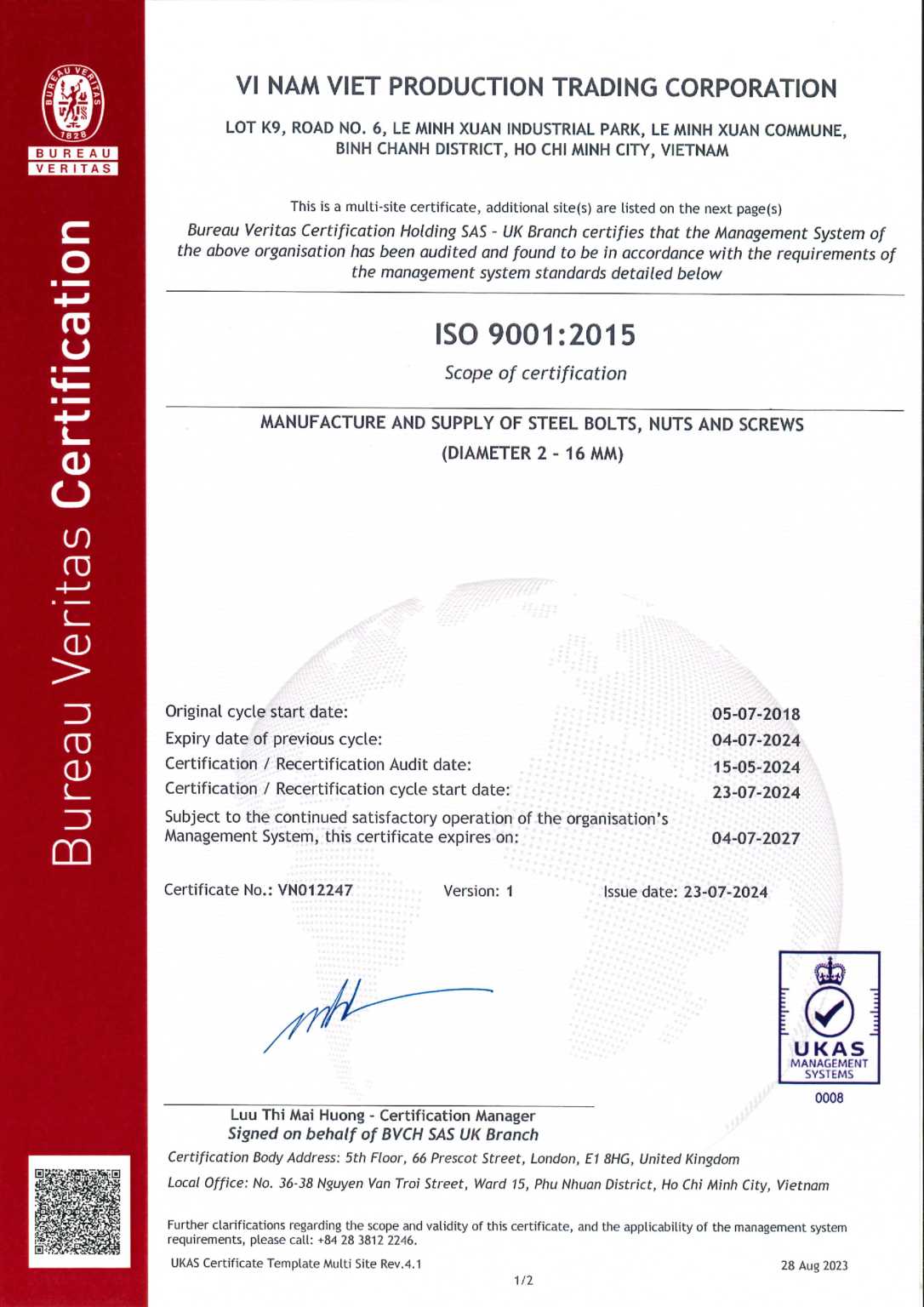 Certificate - Certification - VINAVIT CORP