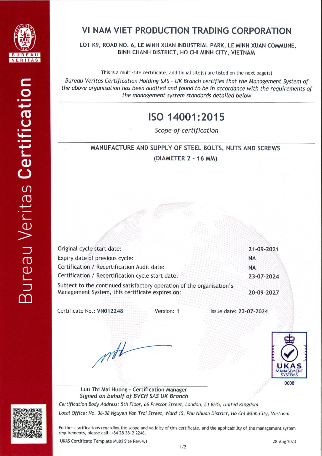 Certificate - Certification - VINAVIT CORP